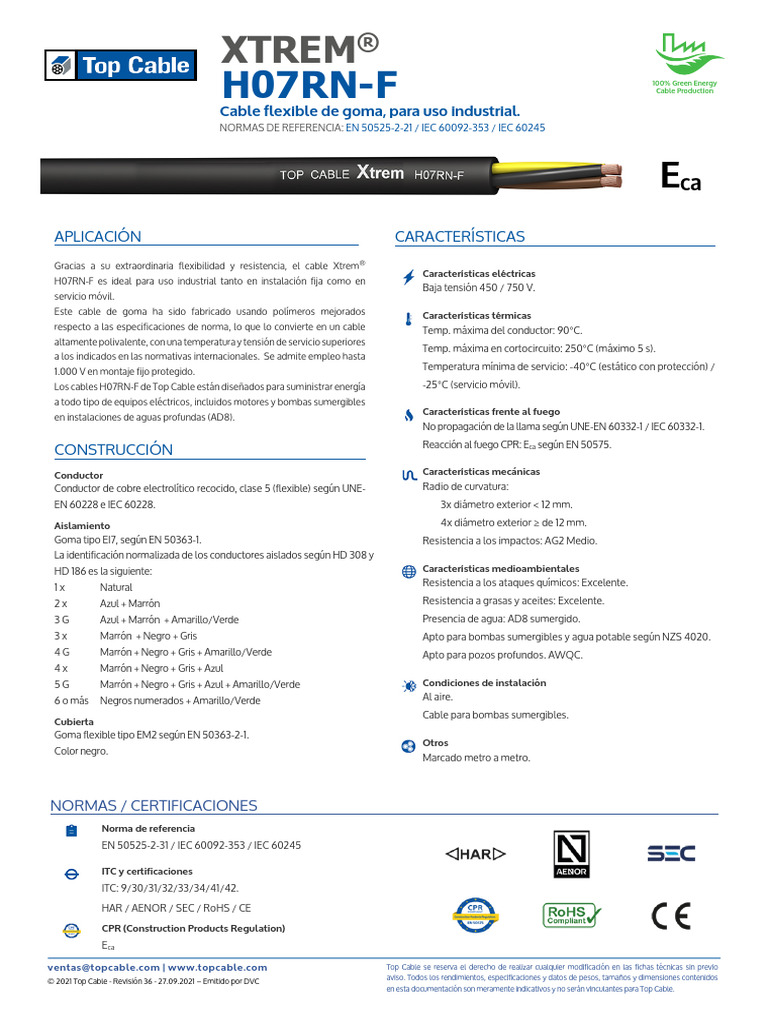 Topcable Xtrem h07rn-f | PDF | Conductor electrico | Ciencias fisicas