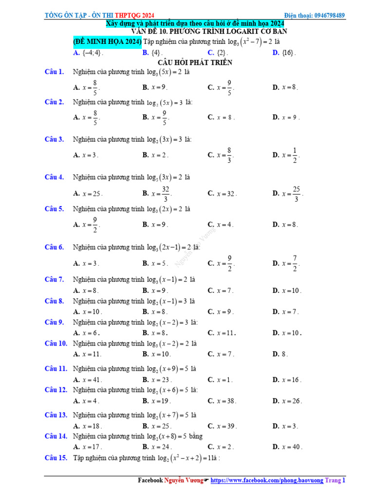 VẤN ĐỀ 10. PHƯƠNG TRÌNH LOGARIT - CÂU HỎI | PDF