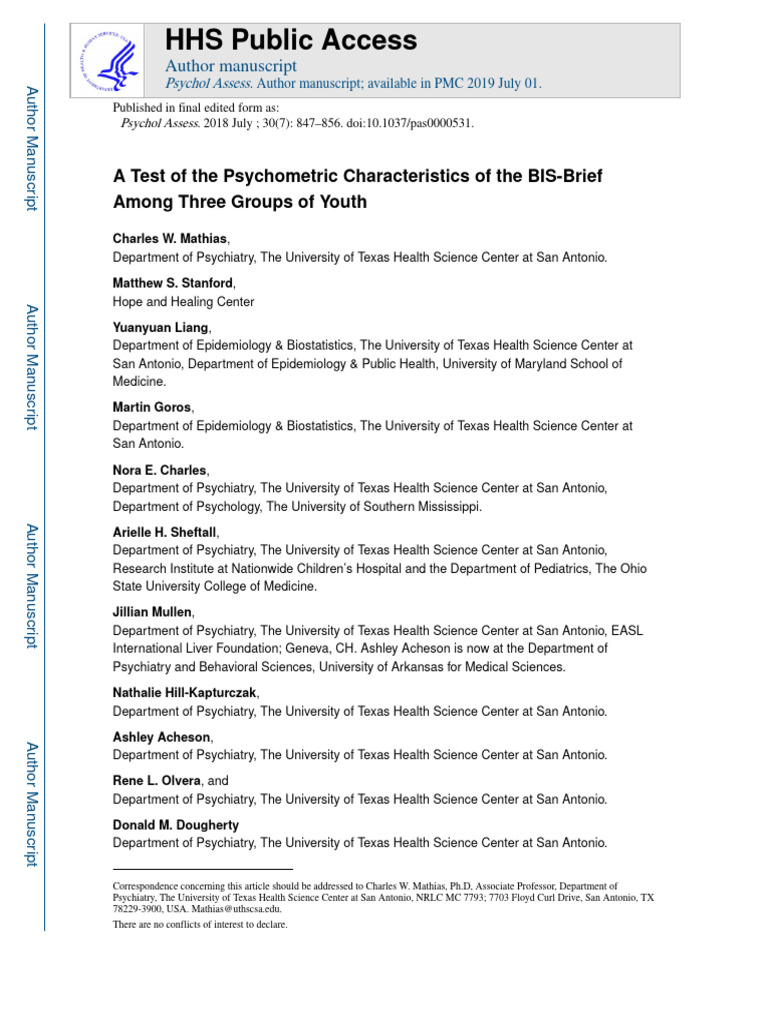 A Test of The Psychometric Characteristics of The BIS-Brief | PDF ...