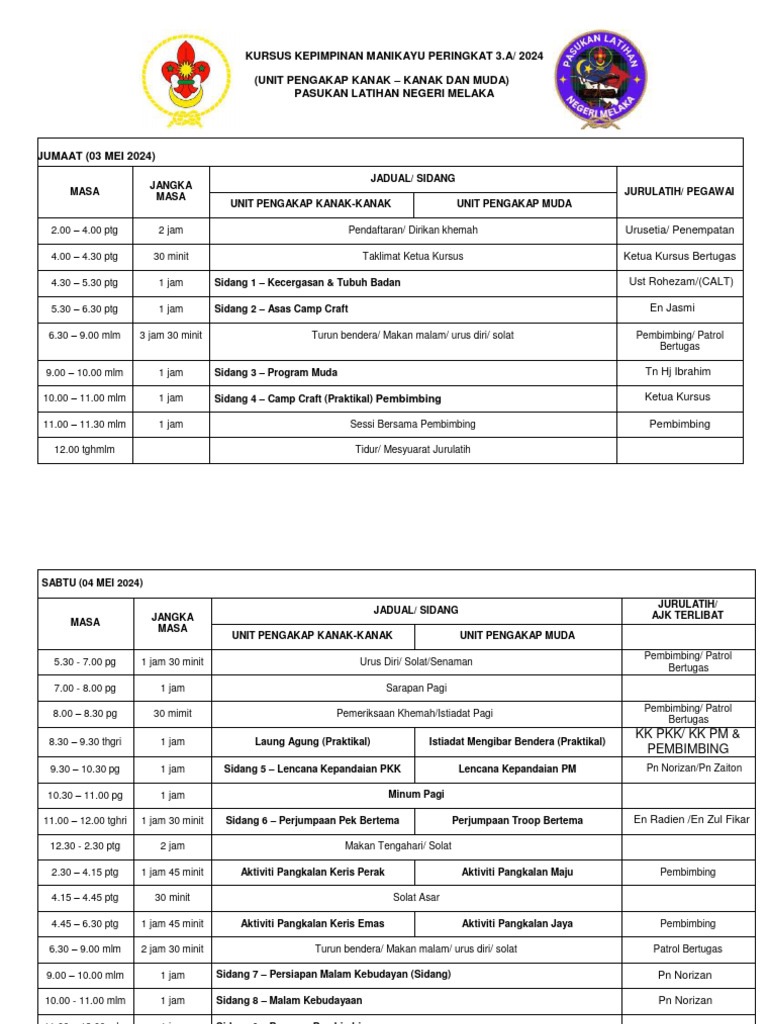 Jadual Kursus Kepimpinan Manikayu Peringkat 3 A PKK Dan PM Tahun 2024 | PDF