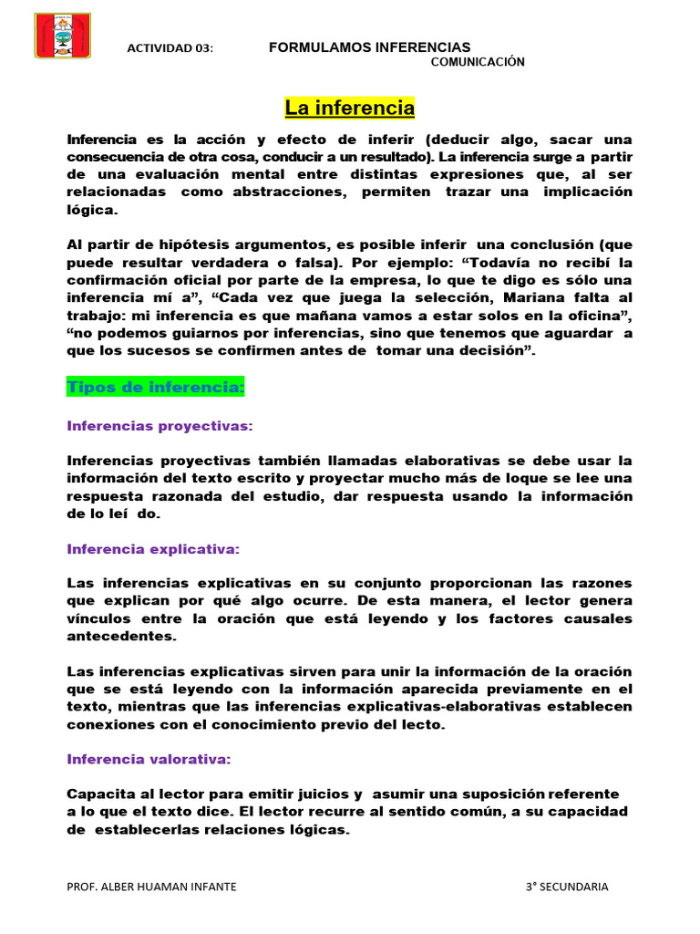 Ficha - Act. 3 La Inferencia | PDF | Inferencia