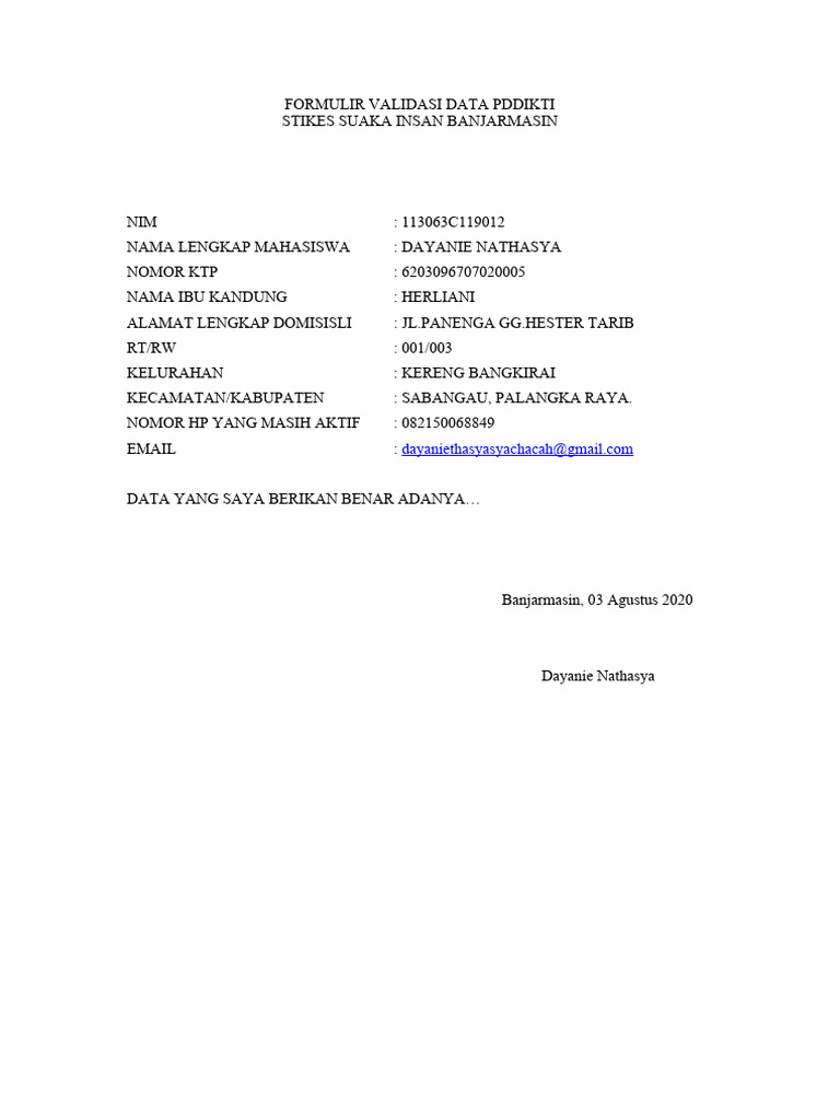 Formulir Validasi Data Pddikti | PDF