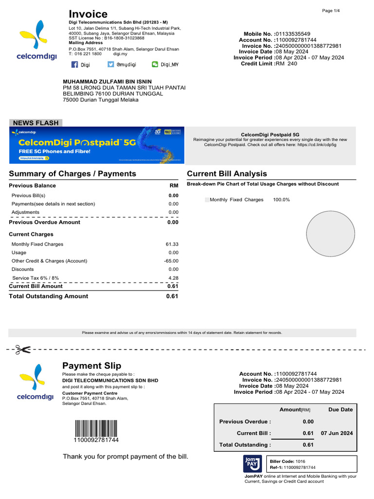 Payment Slip: Summary of Charges / Payments Current Bill Analysis | PDF ...
