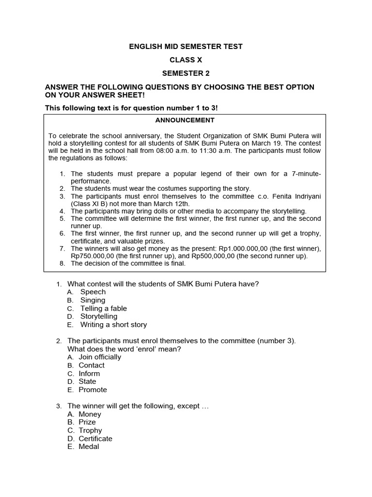 English Mid Semester Test 2023 | PDF
