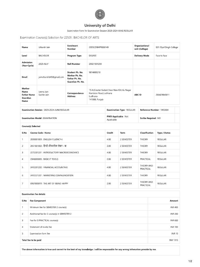 Sem2 Examination Form | PDF
