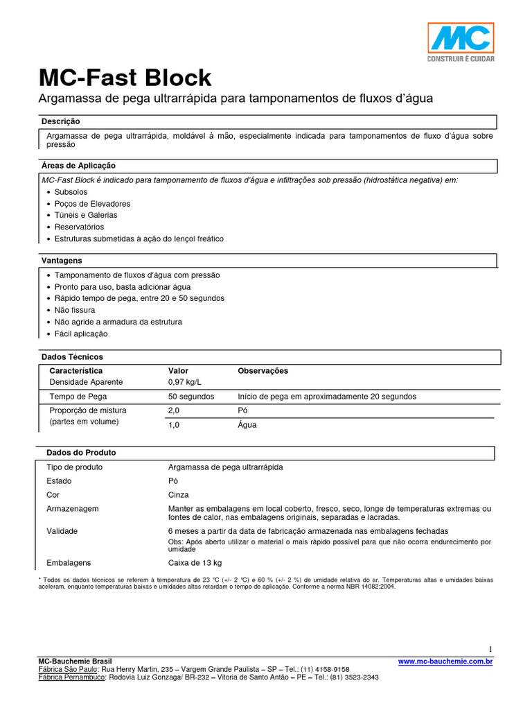 MC-Fast Block | PDF | Argamassa (alvenaria)