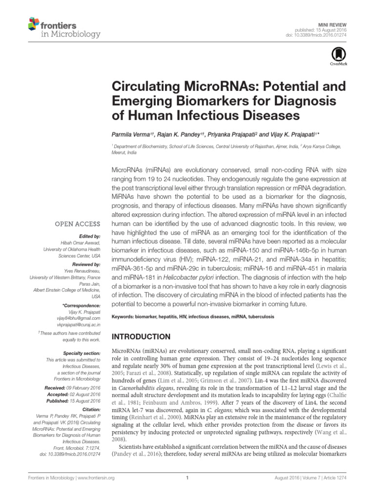 Circulating Micrornas: Potential and Emerging Biomarkers For Diagnosis ...