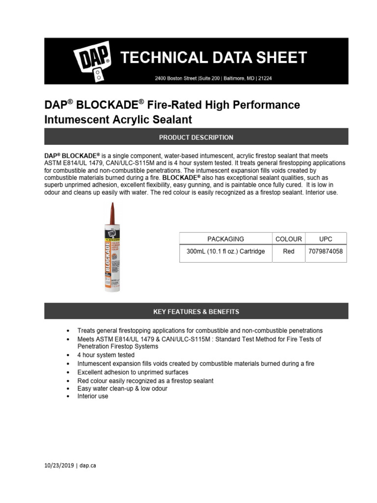 Cda - Dap Blockade - Fire Rated Intumescent Aryclic Latex Sealant - SP - Red - en | PDF ...