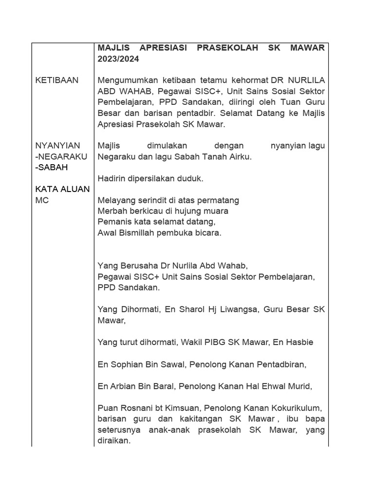 Teks Pengacara Majlis Apresiasi Prasekolah | PDF Teks Pengacara Majlis Apresiasi Prasekolah | PDF