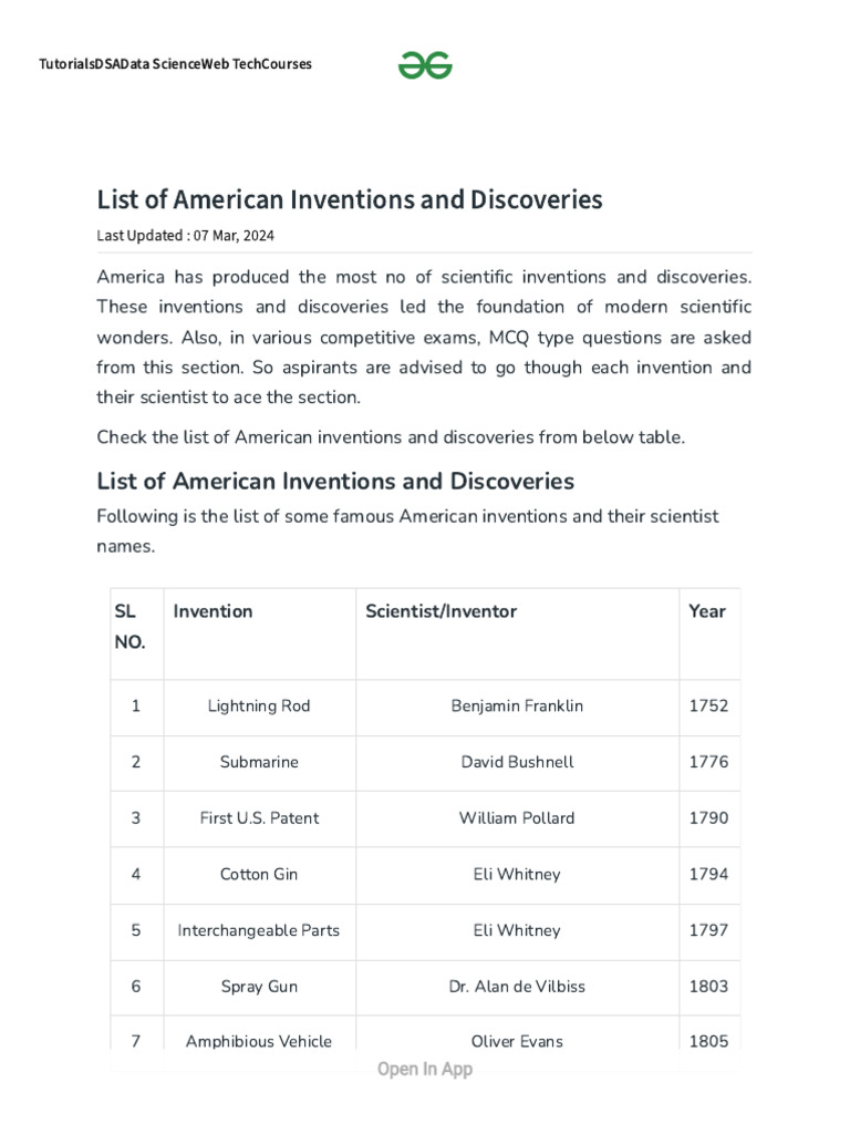 American Inventions and Discoveries List | PDF | Invention | Thomas Edison