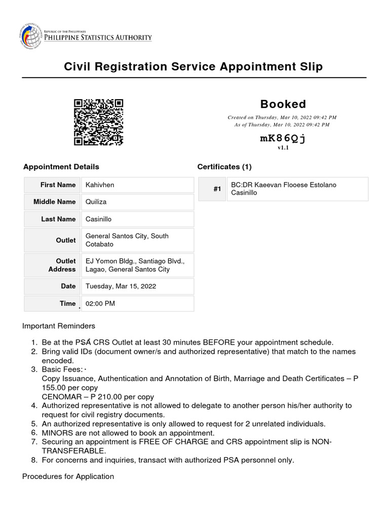Civil Registration Service Appointment Slip: mK86Qj | PDF | Law