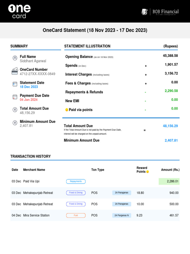 One Card Statement | Download Free PDF | Credit Card | Interest