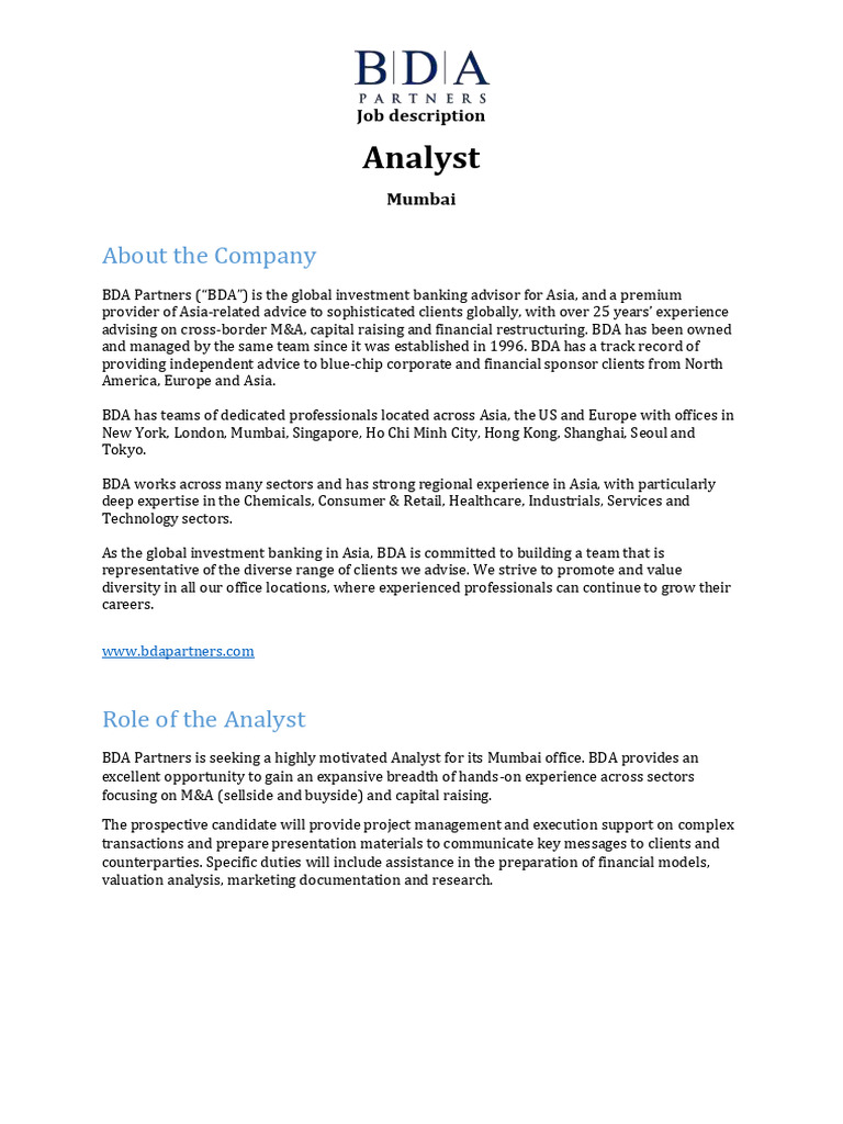 BDA Partners - JD - Analyst | PDF | Mergers And Acquisitions | Investment Banking