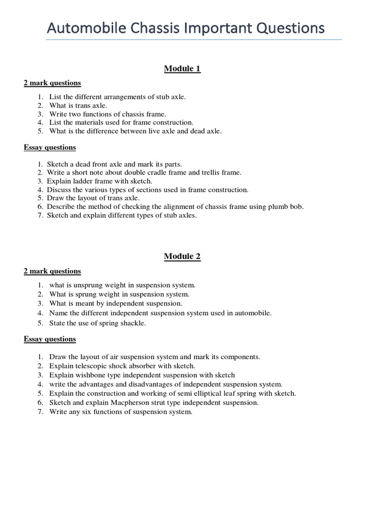 Key Questions on Automobile Chassis | PDF | Steering | Brake