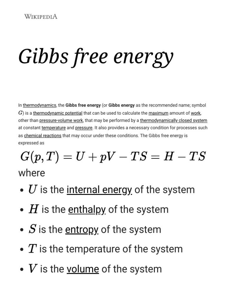 Gibbs Free Energy - Wikipedia | Download Free PDF | Gibbs Free Energy ...
