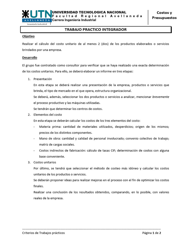 TP Integrador - Costos Unitarios | PDF | Presupuesto | Business
