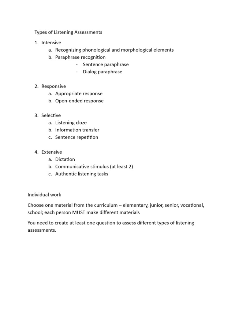 Types of Listening Assessments - Assignment | PDF