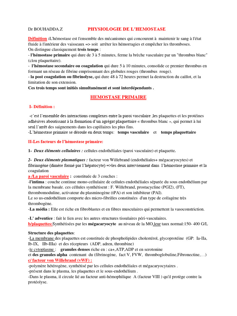 Physiologie de l'Hémostase et Étapes | PDF | Coagulation | Hémostasie