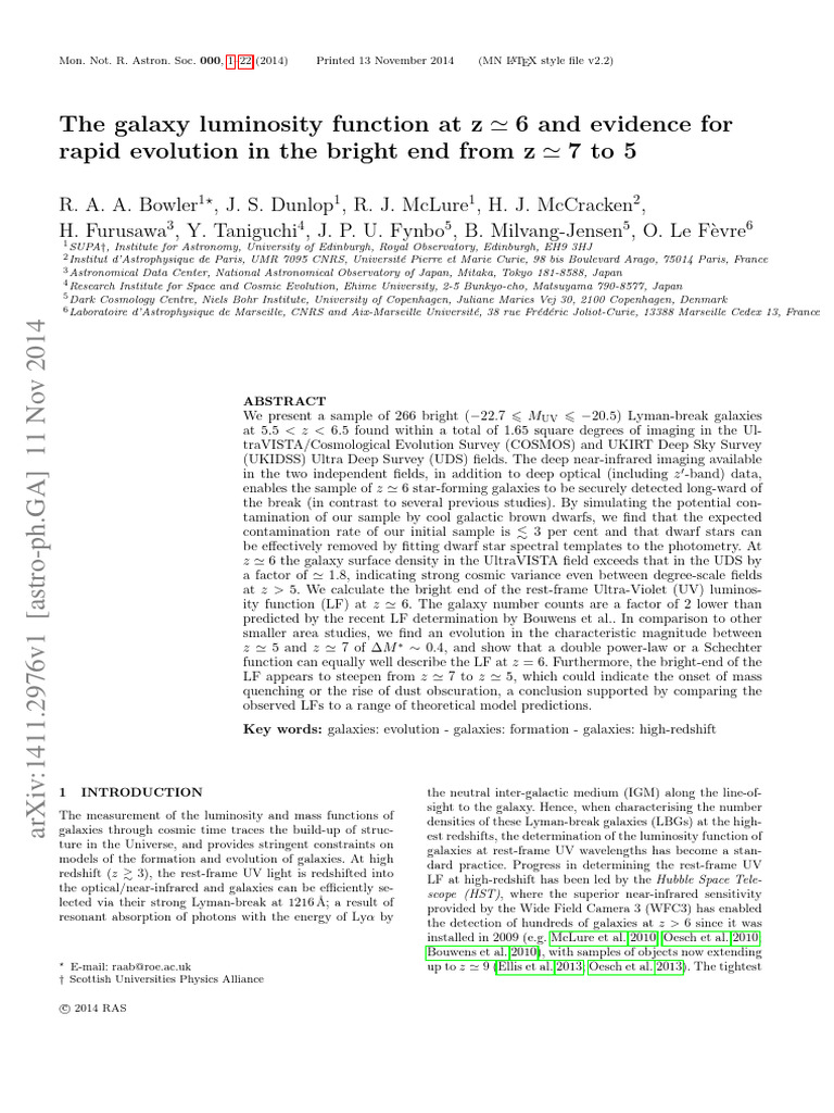 The Galaxy Luminosity Function at Z 6 and Evidence | PDF | Redshift ...