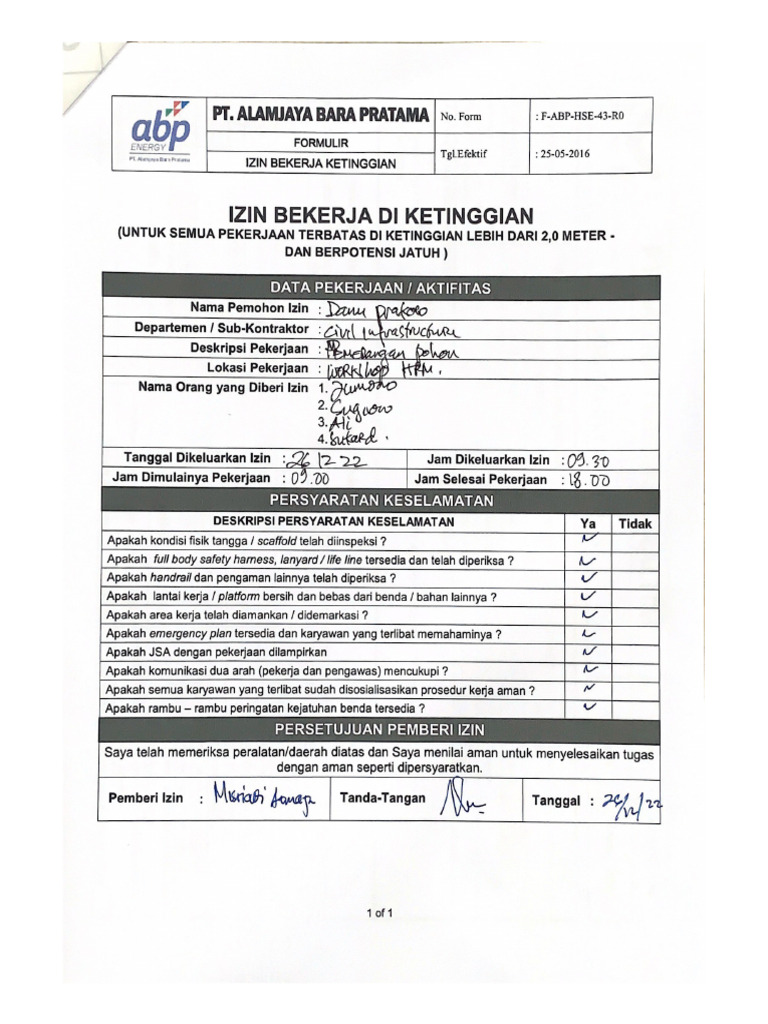 Ijin Bekerja Di Atas Ketinggian 26 Desember 2022 Pdf