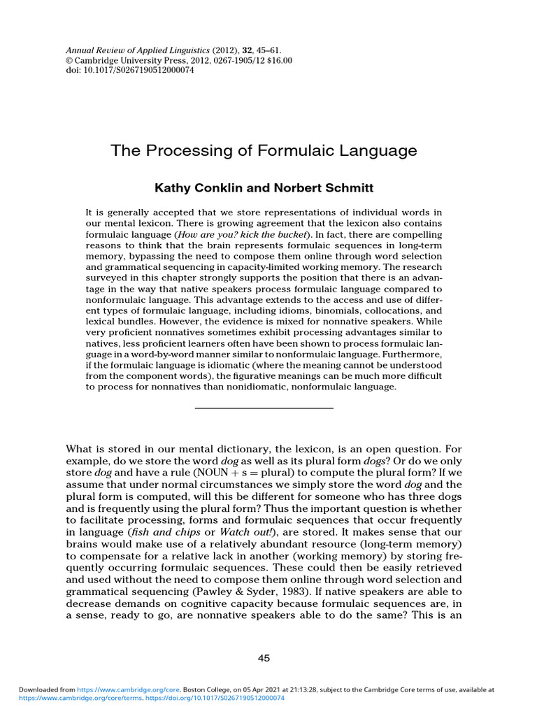 Processing Formulaic Language in L2 Learners | PDF | Idiom ...