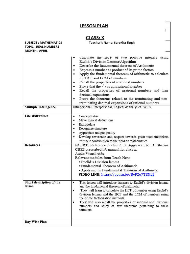 Class 10 Maths Lesson Plan: Real Numbers | PDF | Numbers | Arithmetic