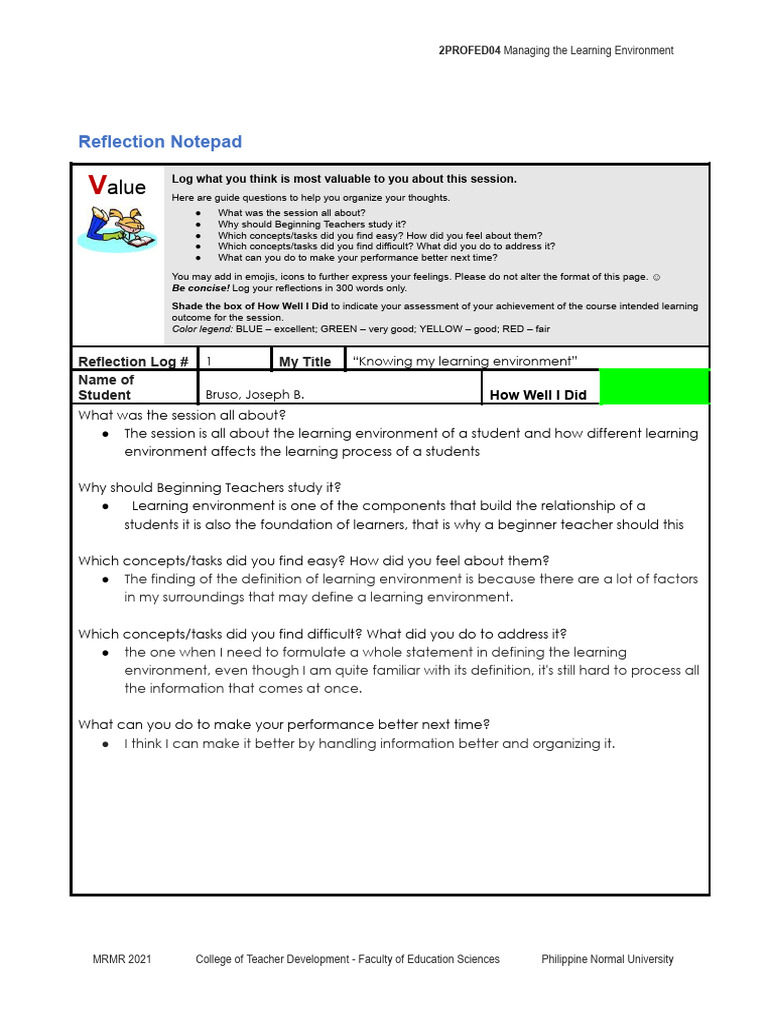BRUSO - 2PROFED04 - Reflection Log#1 | PDF | Learning | Information