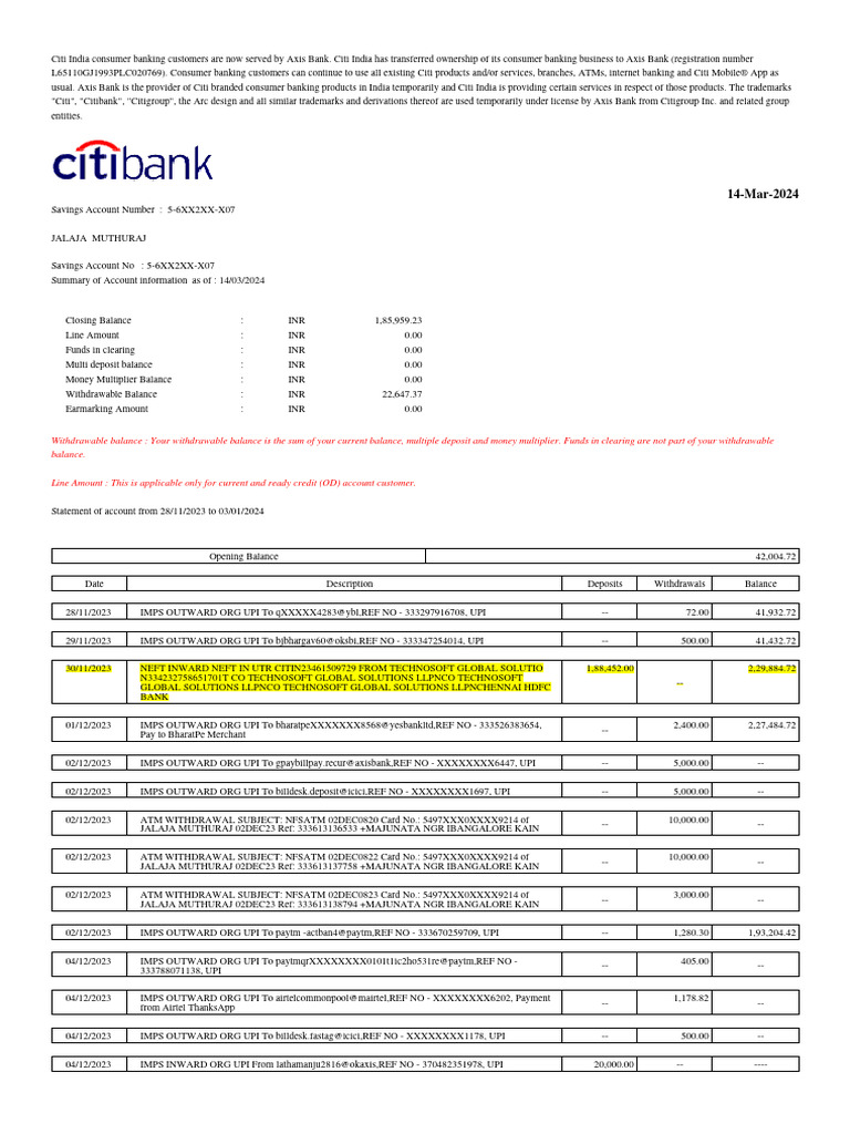 Savings_Stmt_14032411255 | PDF | Banks | Citigroup