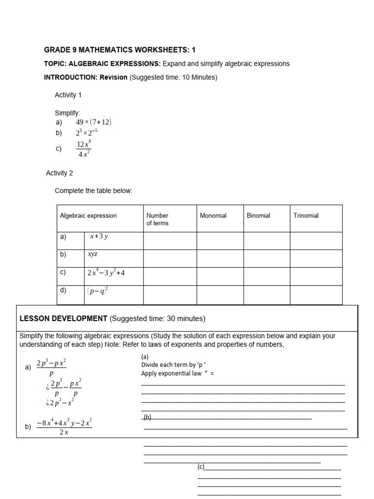 Mathematics - Grade 9 Worksheet - Algebraic Expressions | PDF ...