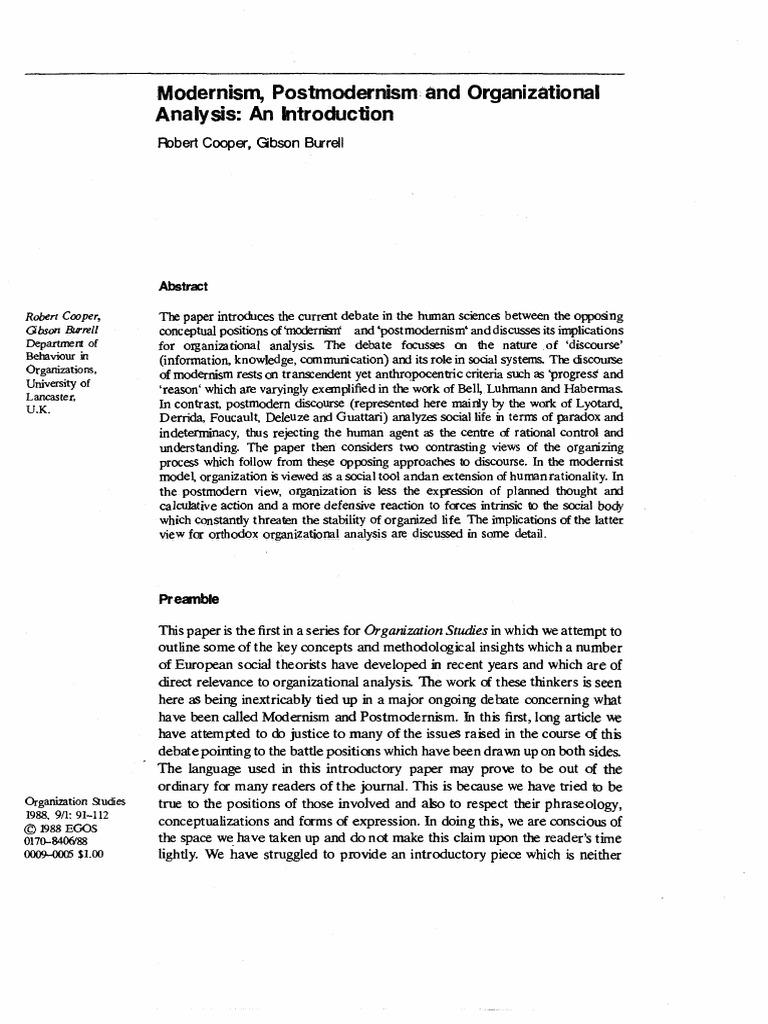 1.burell - Cooper Modernism Postmodernism and Organizational Analysis - Introduction | PDF ...