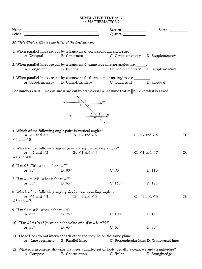 SUMMATIVE No 2 WEEK 3 & 4 MATH 7 | Download Free PDF | Angle | Mathematical Concepts