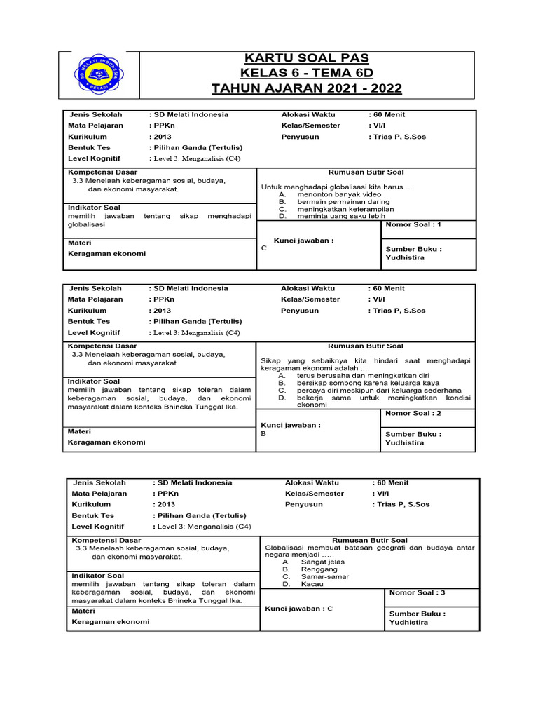 Kartu Soal Pas Tema 6D | PDF