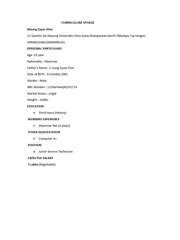 MG Zayar Htun CV Form... | PDF