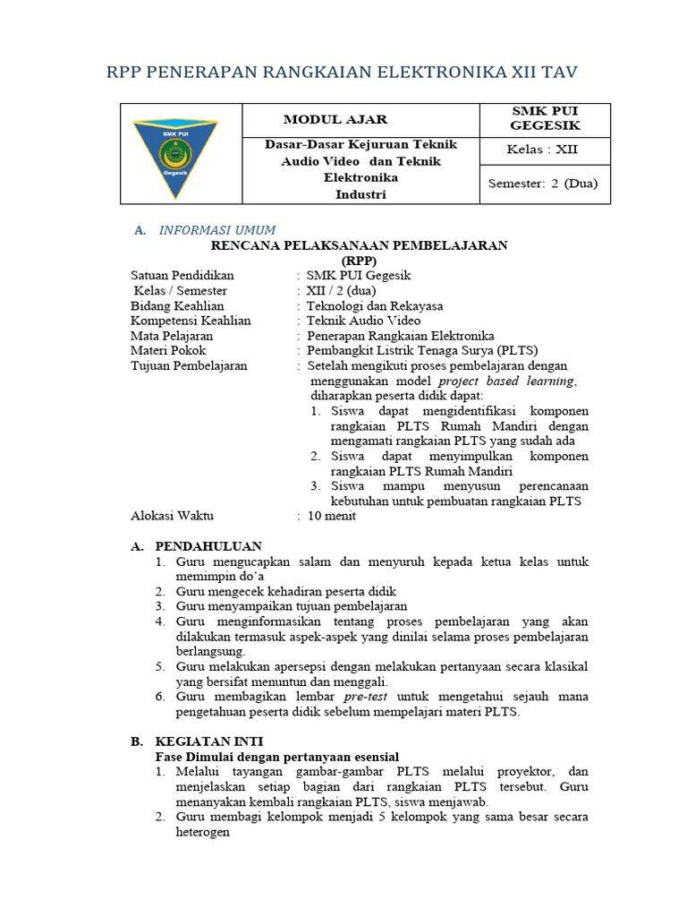 RPP Penerapan Elektronikan-PLTS | PDF | Teknologi & Rekayasa