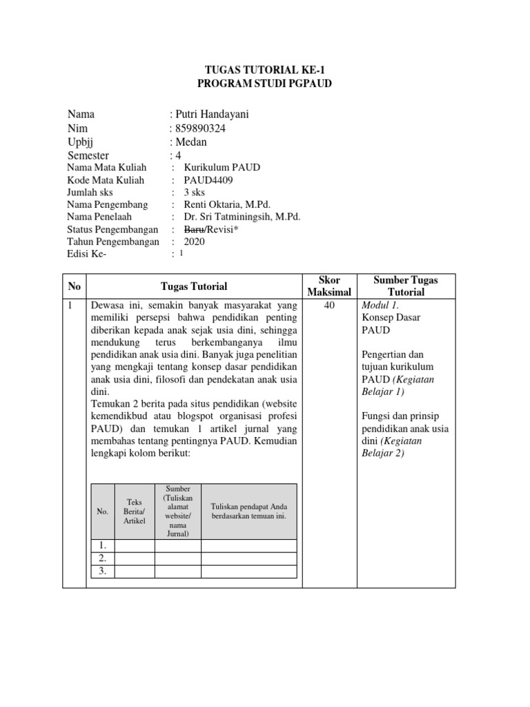Tugas Kurikulum PAUD | PDF | Karier & Perkembangan | Sains & Matematika