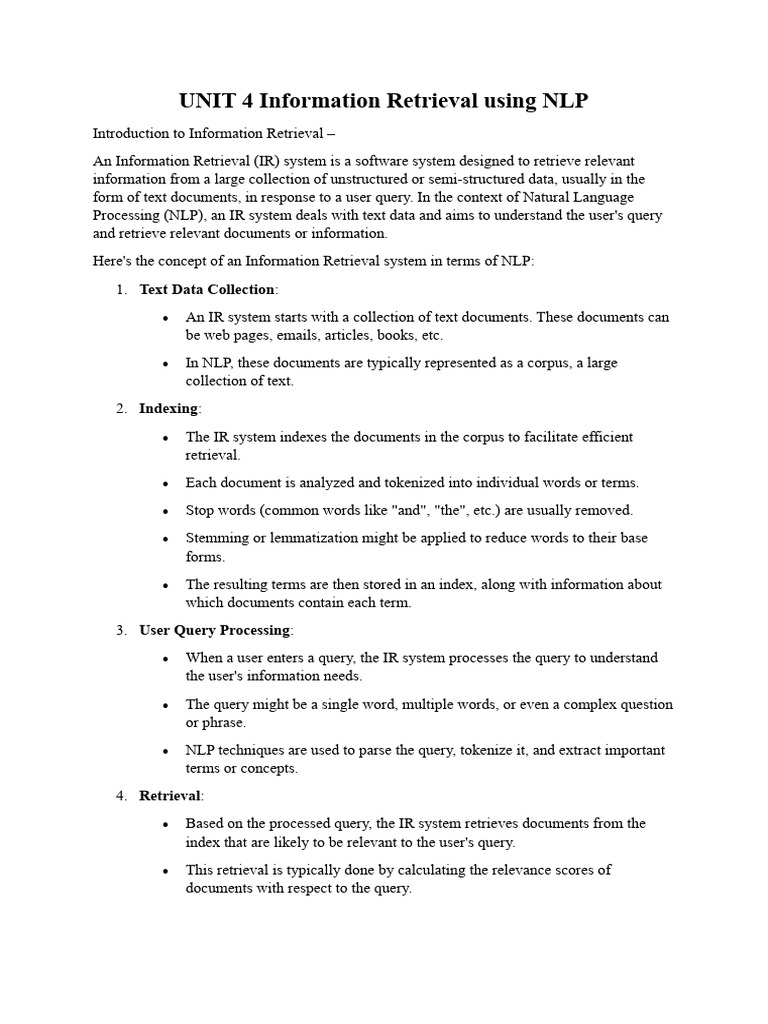 UNIT 4 Information Retrieval Using NLP | PDF | Information Retrieval ... UNIT 4 Information Retrieval Using NLP | PDF | Information Retrieval ...