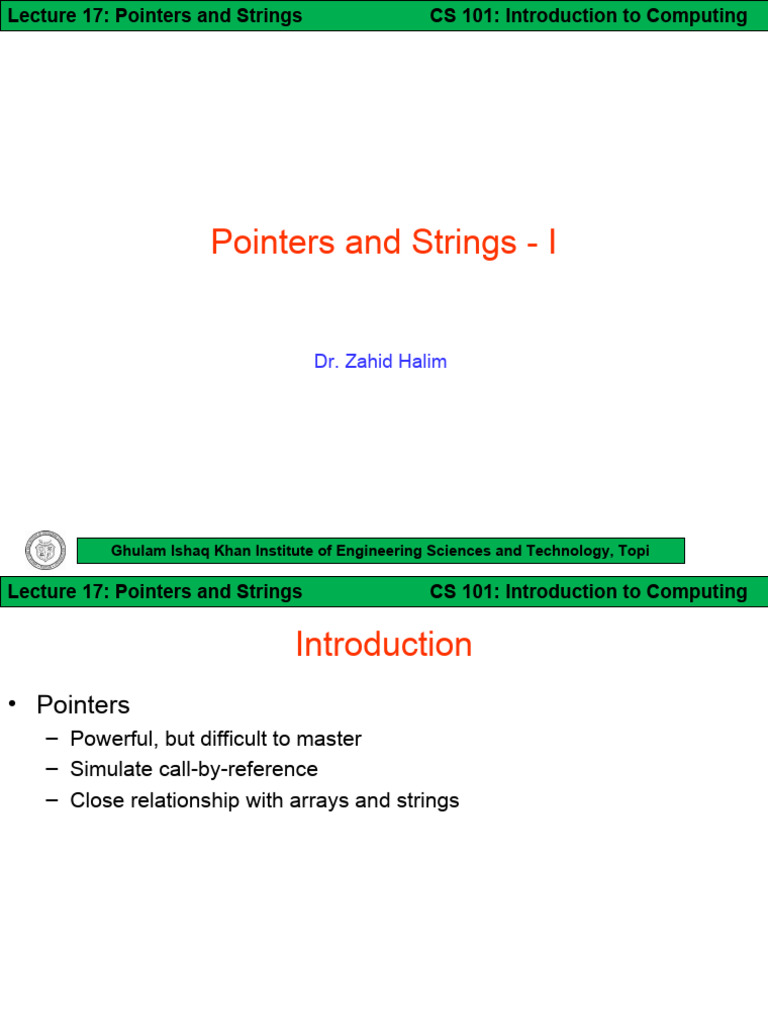 Itc Lect 17 Pointers And Strings I Pdf Pointer Computer Programming Computer Science