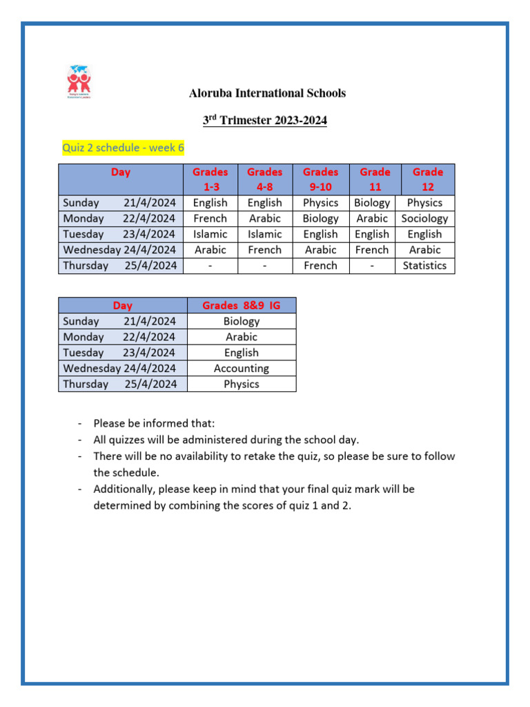 Aloruba School Quiz Schedule 2024 | PDF | Science