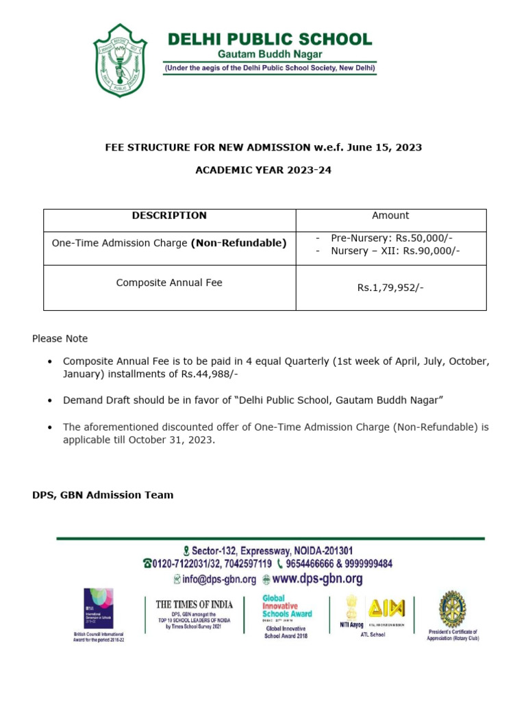 DPS GBN Revised Fee Structure Oct 2024 | PDF