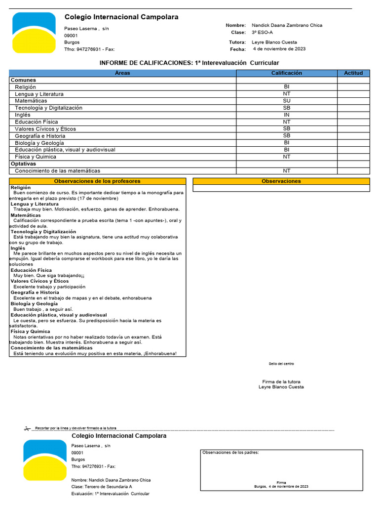 Modelo Bolet N Interevaluaciones Secundaria Con Recuperaci N Corregido 20231103 092602 | PDF