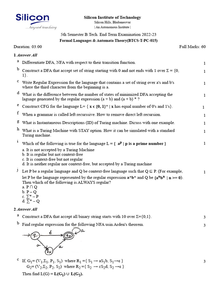Formal Languages & Automata Theory (BTCS-T-PC-015) - End Term Exam - 2022-2023 | PDF | Grammar ...