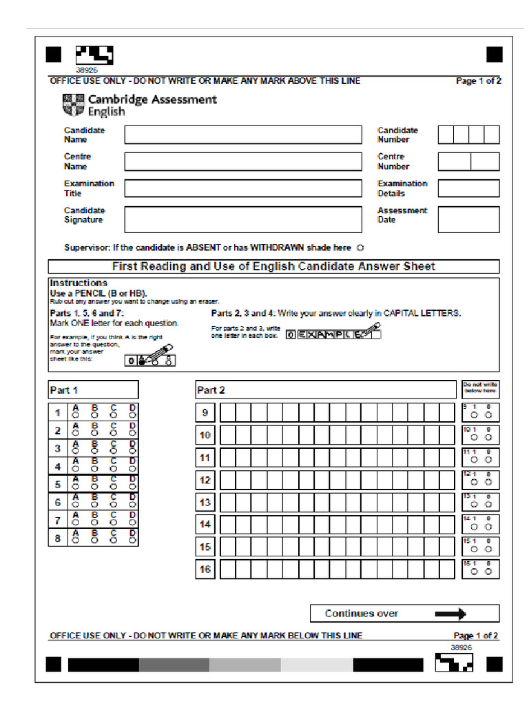 Answersheet Use of English and Reading B2 First | PDF