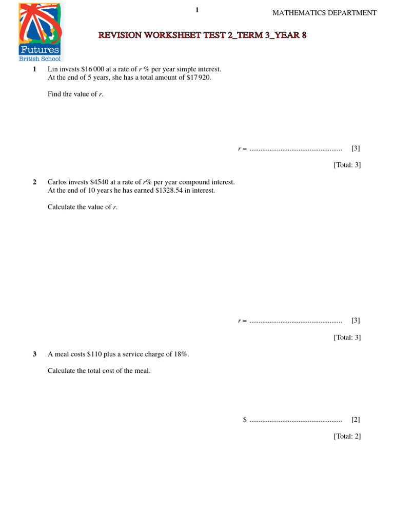 Year 8 Math Revision: Interest & Calculations | PDF | Interest ...