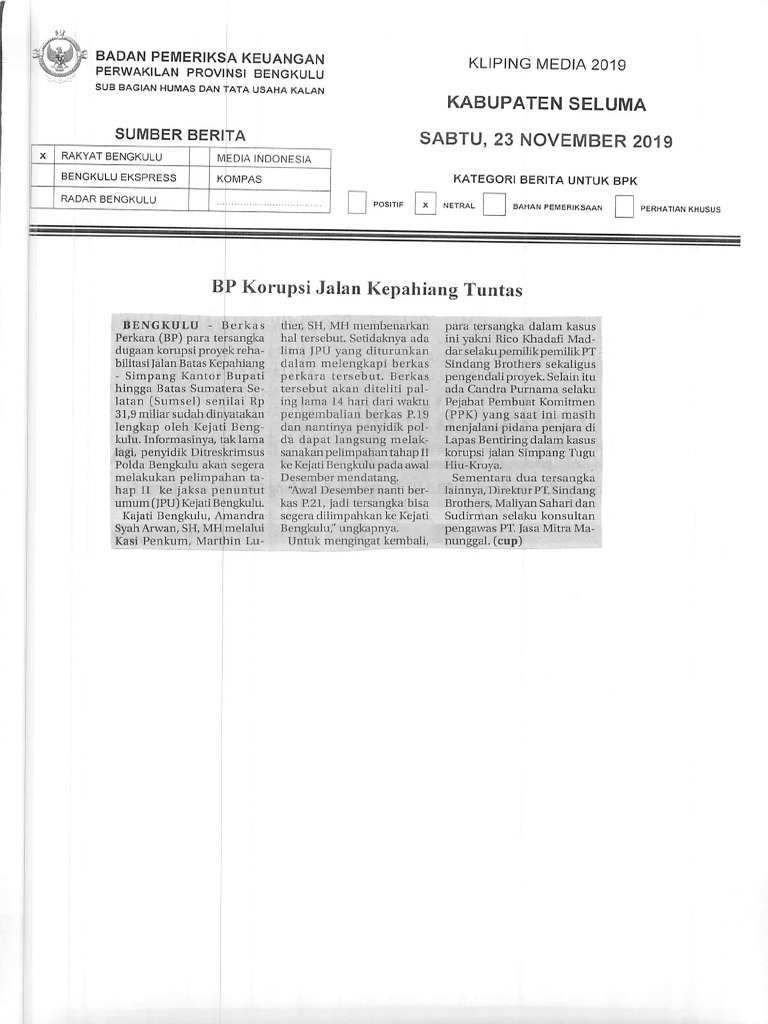 BP Korupsi Jalan Kepahiang Tuntas | PDF