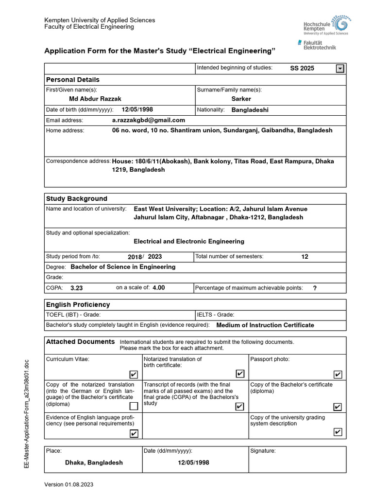 Master's EE Application Form | PDF | Qualifications