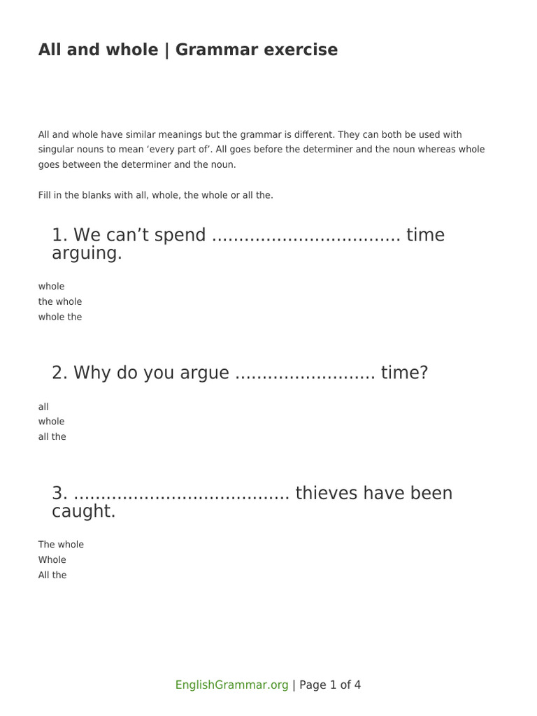 All and Whole Grammar Exercise | PDF | Language Arts & Discipline ...