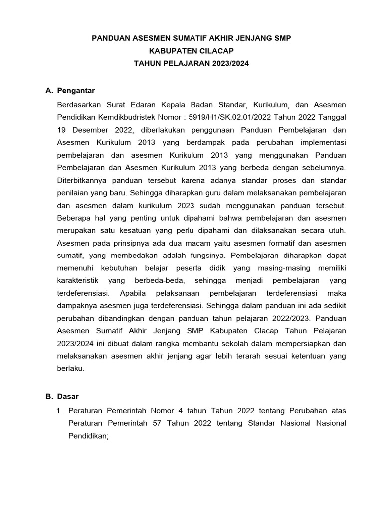 Draf PANDUAN ASESMEN SUMATIF AKHIR JENJANG SMP 2024 Fix | PDF