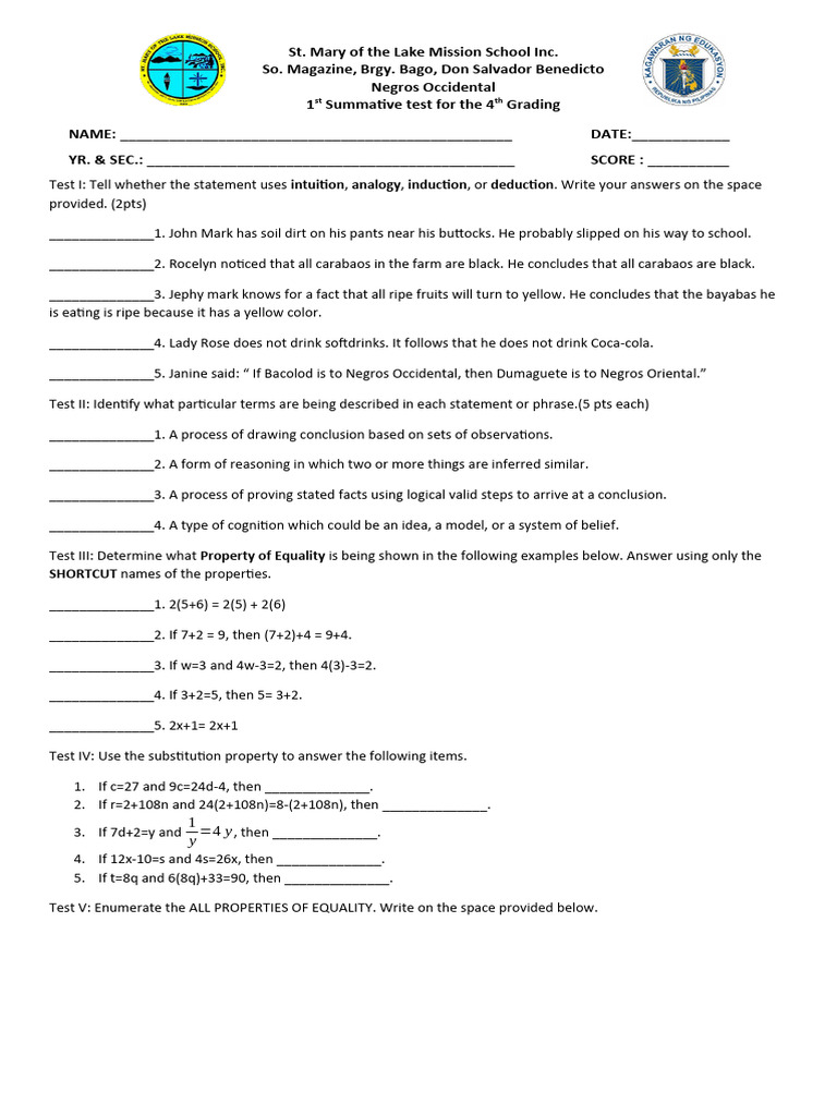 Ist Summative 4th Grading Grade 8 | PDF | Deductive Reasoning ...
