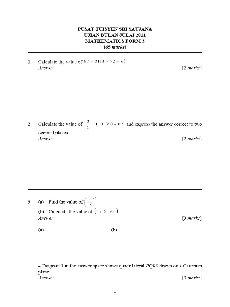 Form 3 Math Test Paper | PDF | Pie Chart | Mathematics