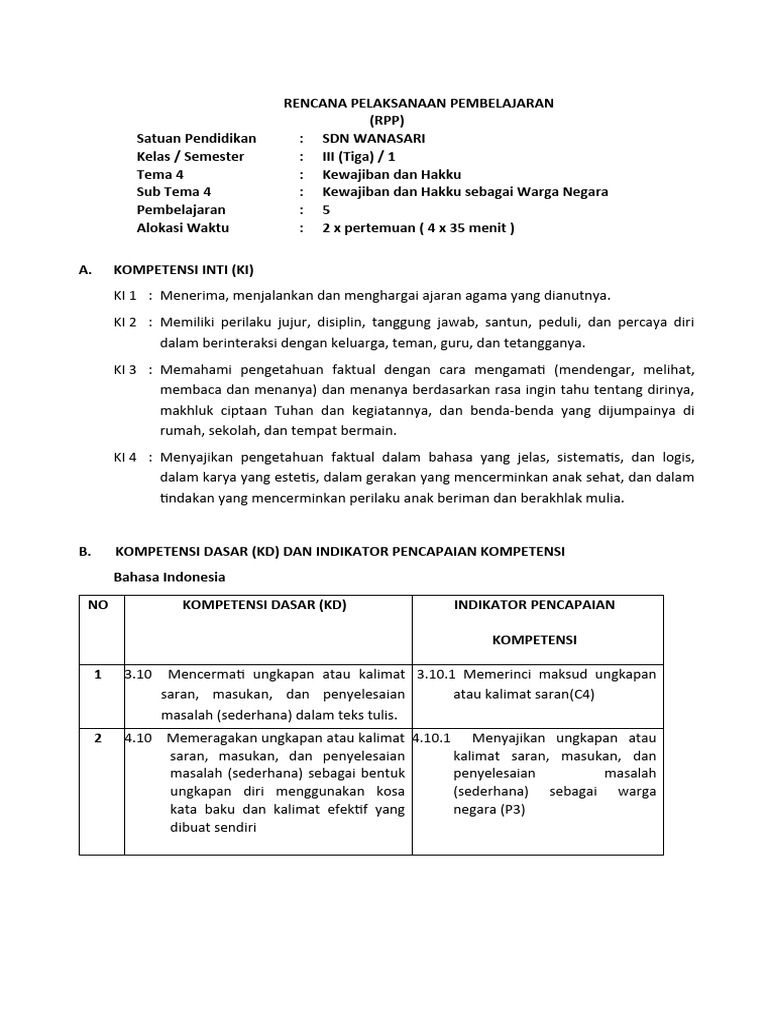 RPP Kewajiban dan Hak Warga Negara Kelas III | PDF